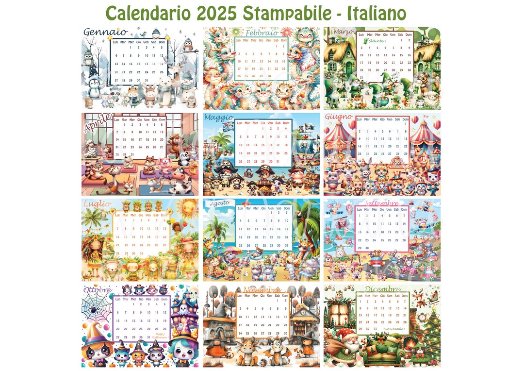 Calendar 2025 - Italian - Printable - Cute Cartoon - Winter Autumn ...