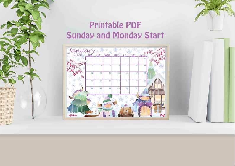 Calendar 2026 - Printable - Monday Start - Cute Funny Cartoon Images ...