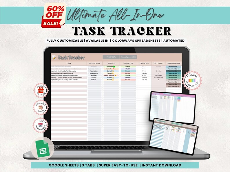 Task Tracker Spreadsheet Smart Calendar Google Sheets Todo List Template Task Management Daily ...