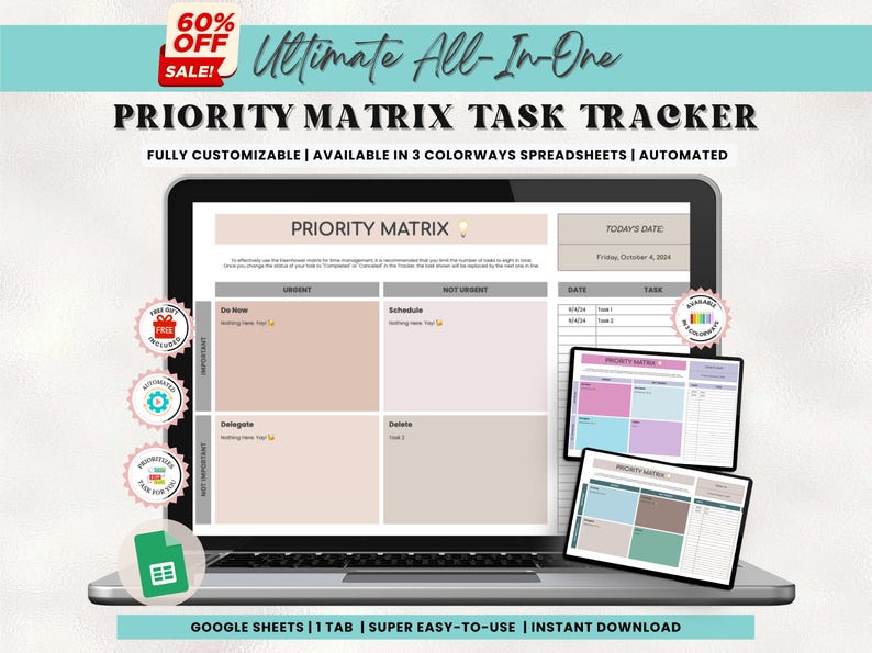 Priority Matrix Task Tracker: Eisenhower Method Google Sheets (digital ...
