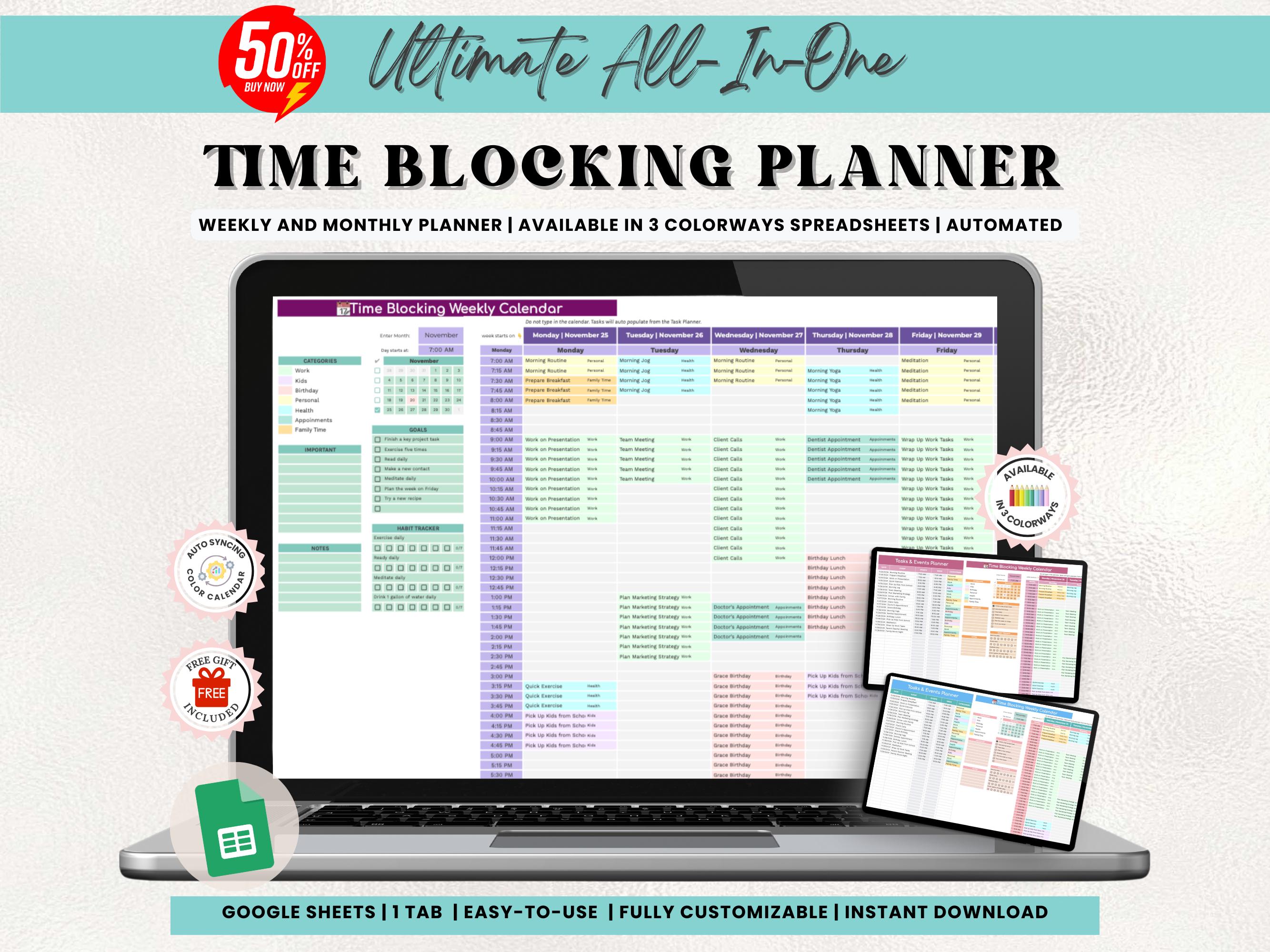 Weekly Time Blocking Planner Spreadsheet | 24 Hour Weekly Schedule ...