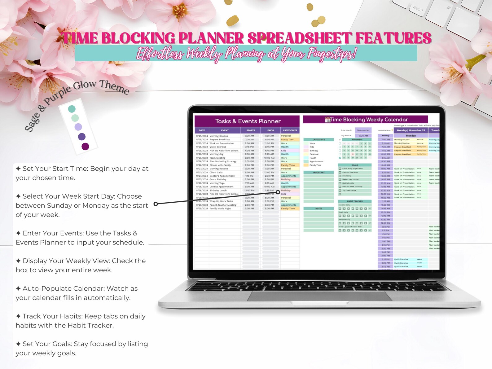 Weekly Time Blocking Planner Spreadsheet | 24 Hour Weekly Schedule ...