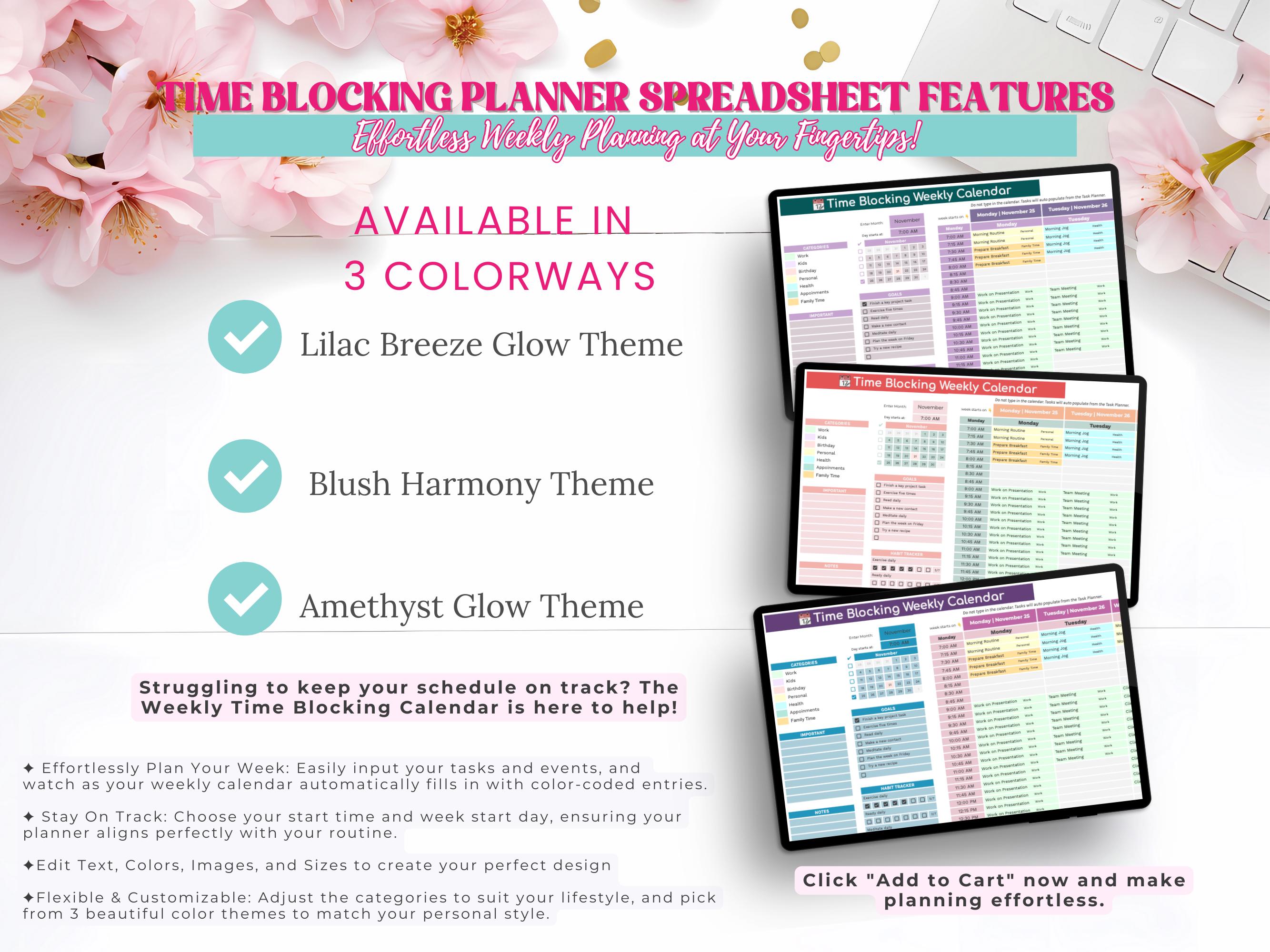 Time Blocking Planner: Weekly Schedule, Google Sheets (digital Download ...