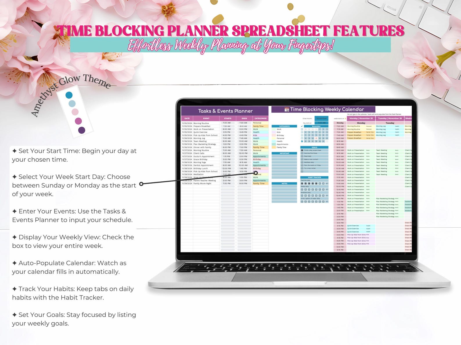 Time Blocking Planner: Weekly Schedule, Google Sheets (digital Download ...