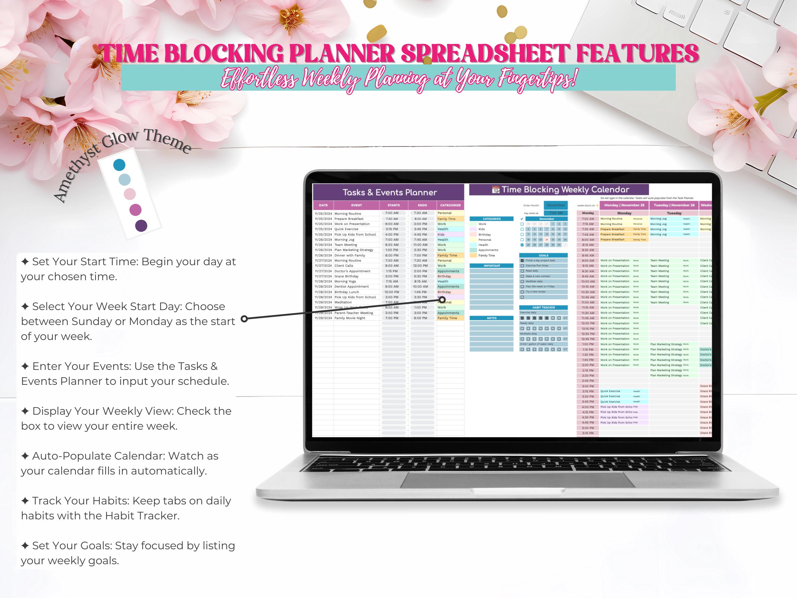 Time Blocking Planner: Weekly Schedule, Google Sheets (digital Download ...