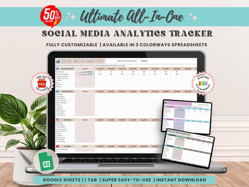 Social Media Analytics Tracker, Google Sheets 12 Month Post Performance ...