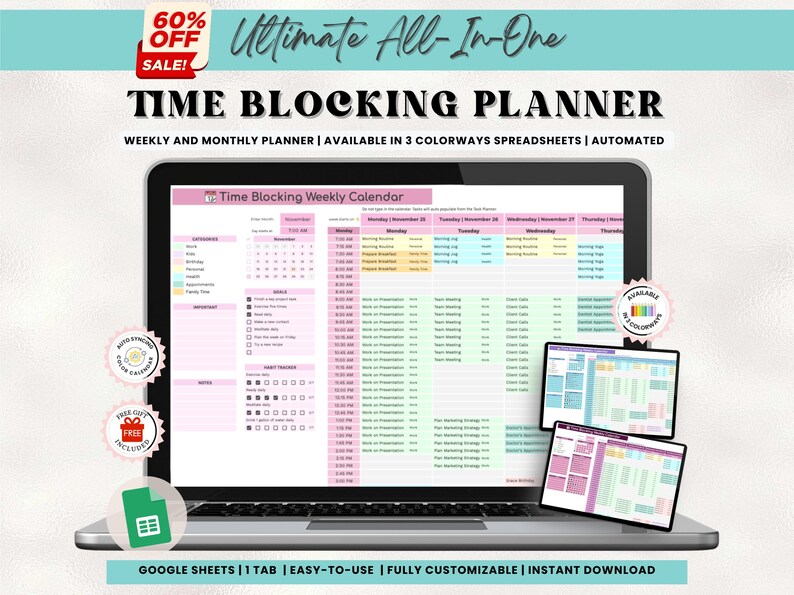 Time Blocking Planner Spreadsheet: Weekly, Monthly Calendar (digital ...