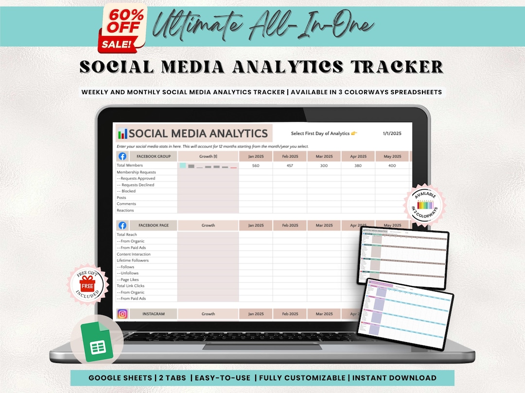 Social Media Analytics Tracker, Google Sheets 12 Month Post Performance ...