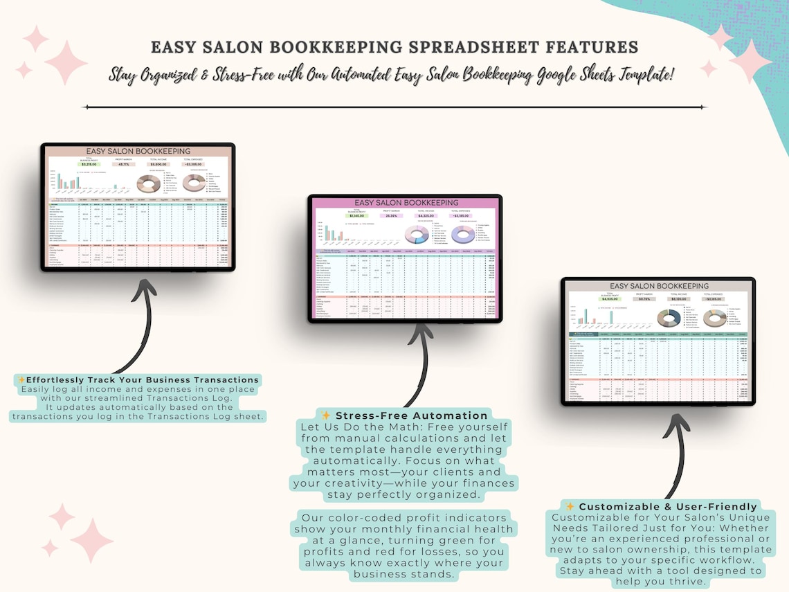 Salon Bookkeeping Spreadsheet: Income & Expense Tracker (google Sheets ...