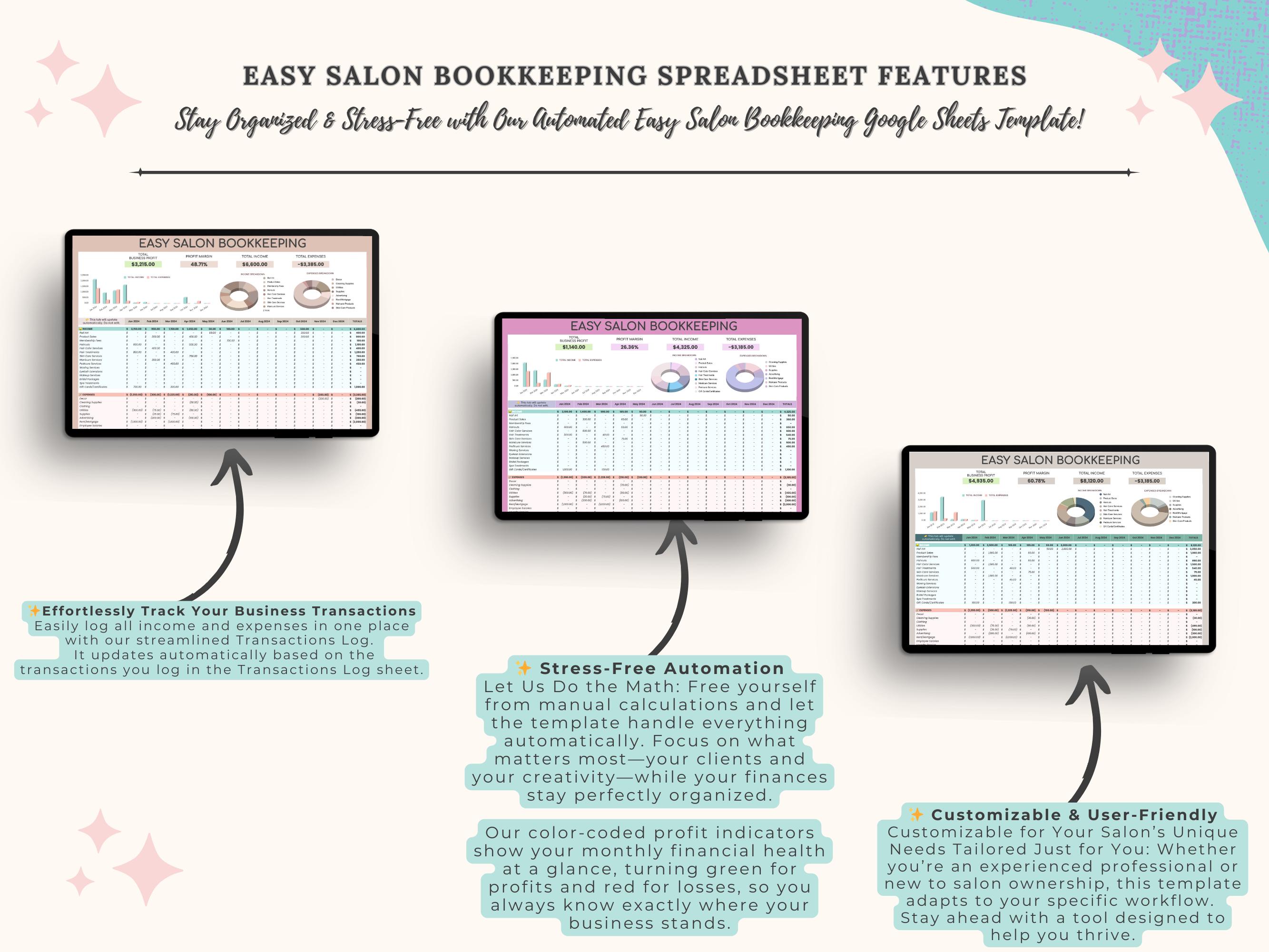 Salon Bookkeeping Spreadsheet: Income & Expense Tracker (google Sheets ...