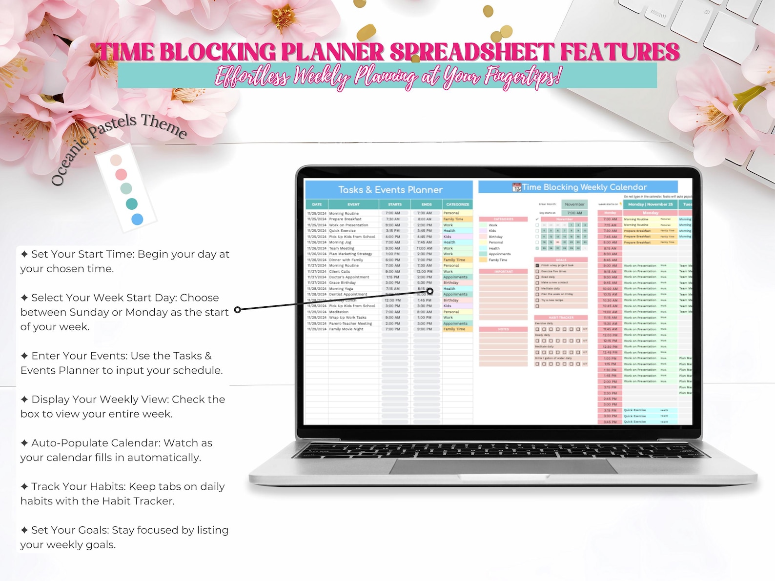 Weekly Time Blocking Planner Spreadsheet | 24 Hour Weekly Schedule ...