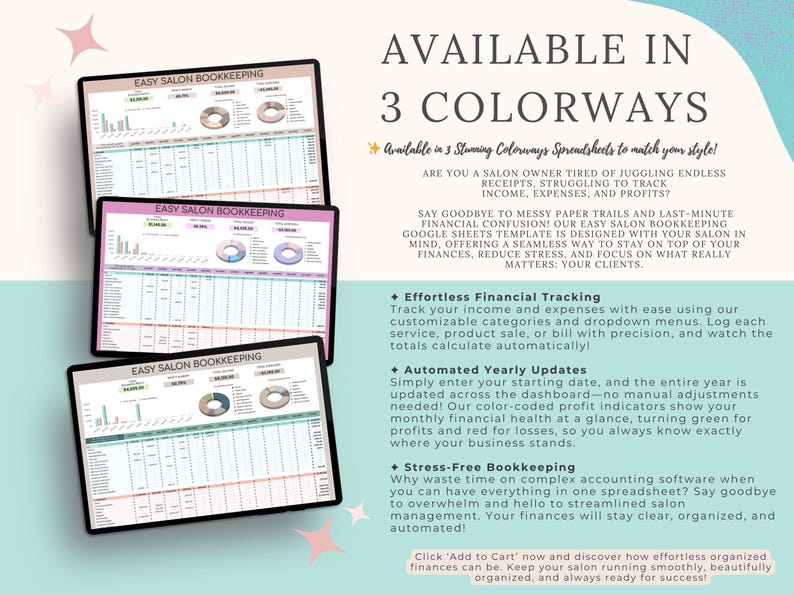 Salon Bookkeeping Spreadsheet: Income & Expense Tracker (google Sheets ...