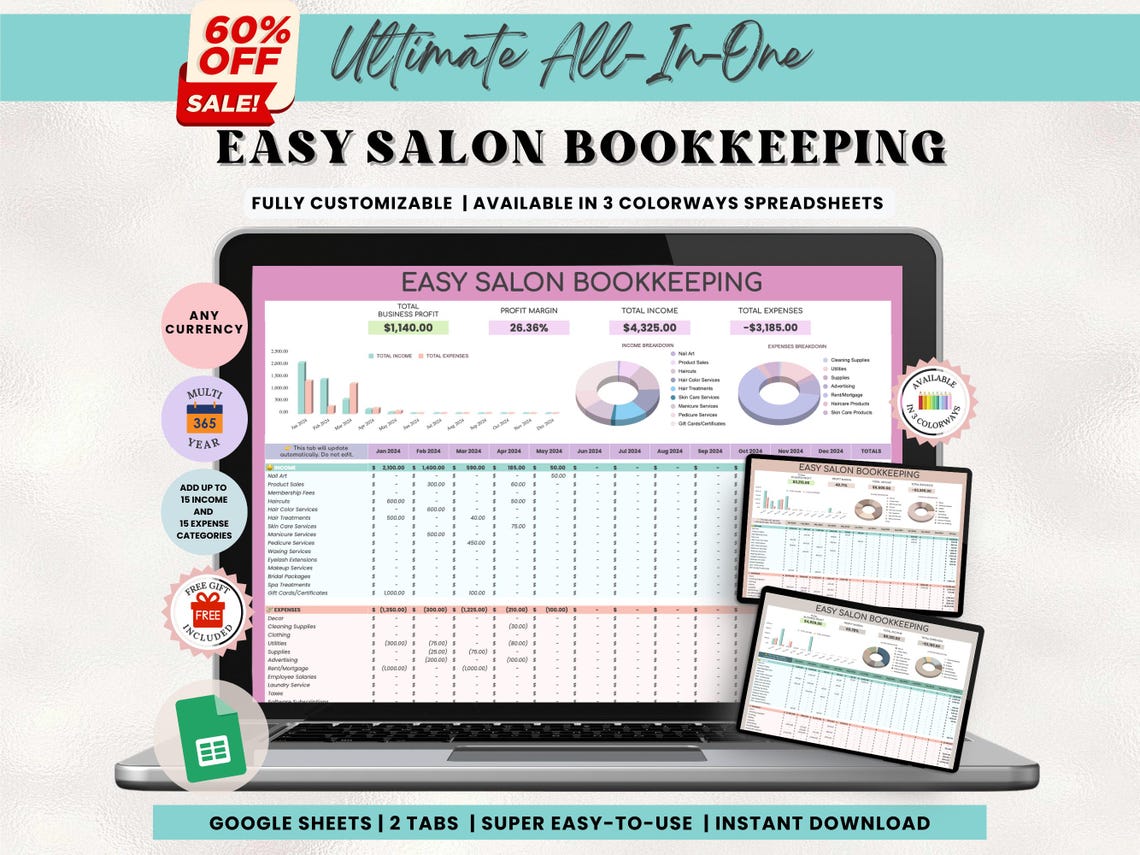 Salon Bookkeeping Spreadsheet: Income & Expense Tracker (google Sheets ...