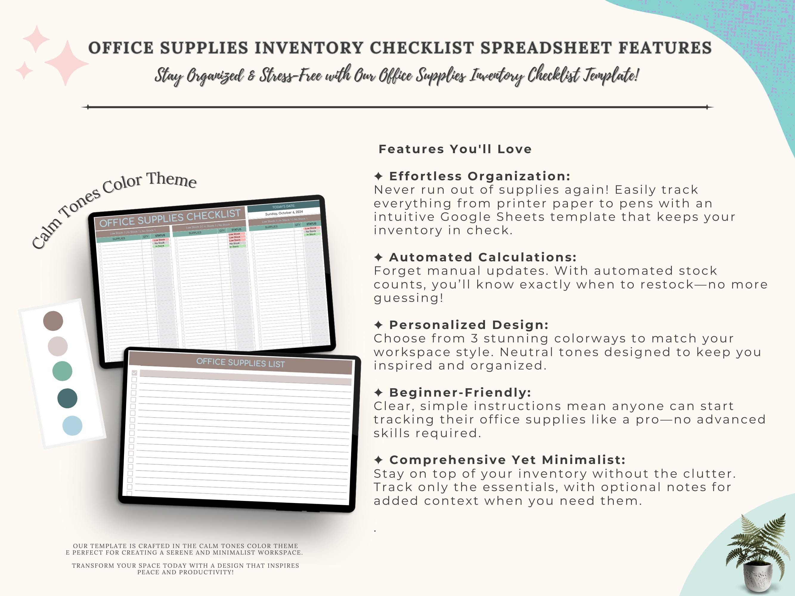 Office Supplies Inventory Checklist: Google Sheets Template (digital ...