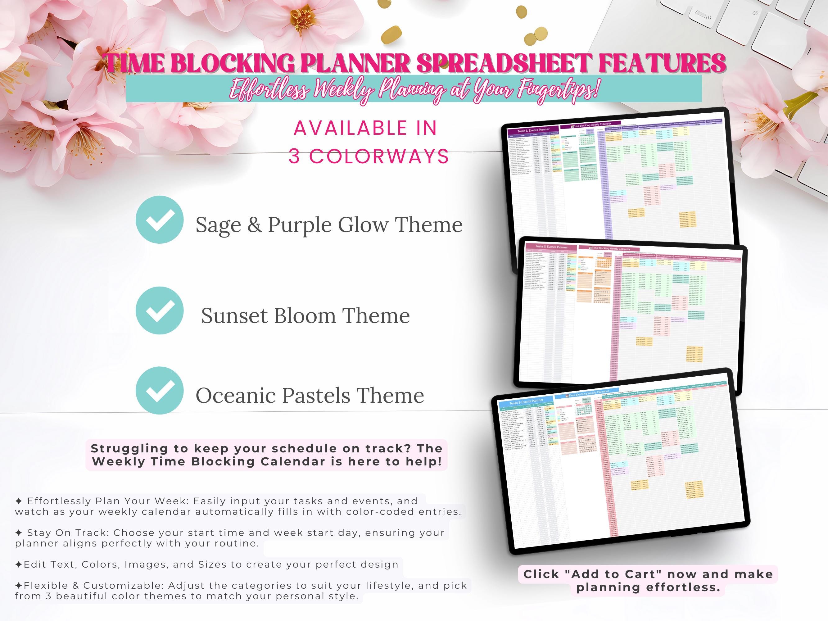 Weekly Time Blocking Planner Spreadsheet | 24 Hour Weekly Schedule ...