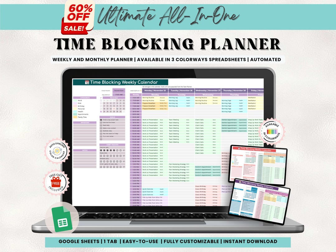 Time Blocking Planner Spreadsheet | Hour Weekly Schedule Time Blocking Digital Planner Daily ...