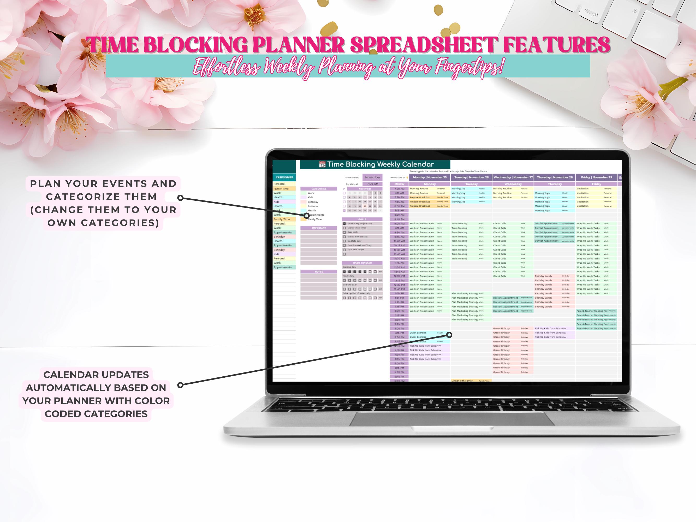 Time Blocking Planner: Weekly Schedule, Google Sheets (digital Download ...