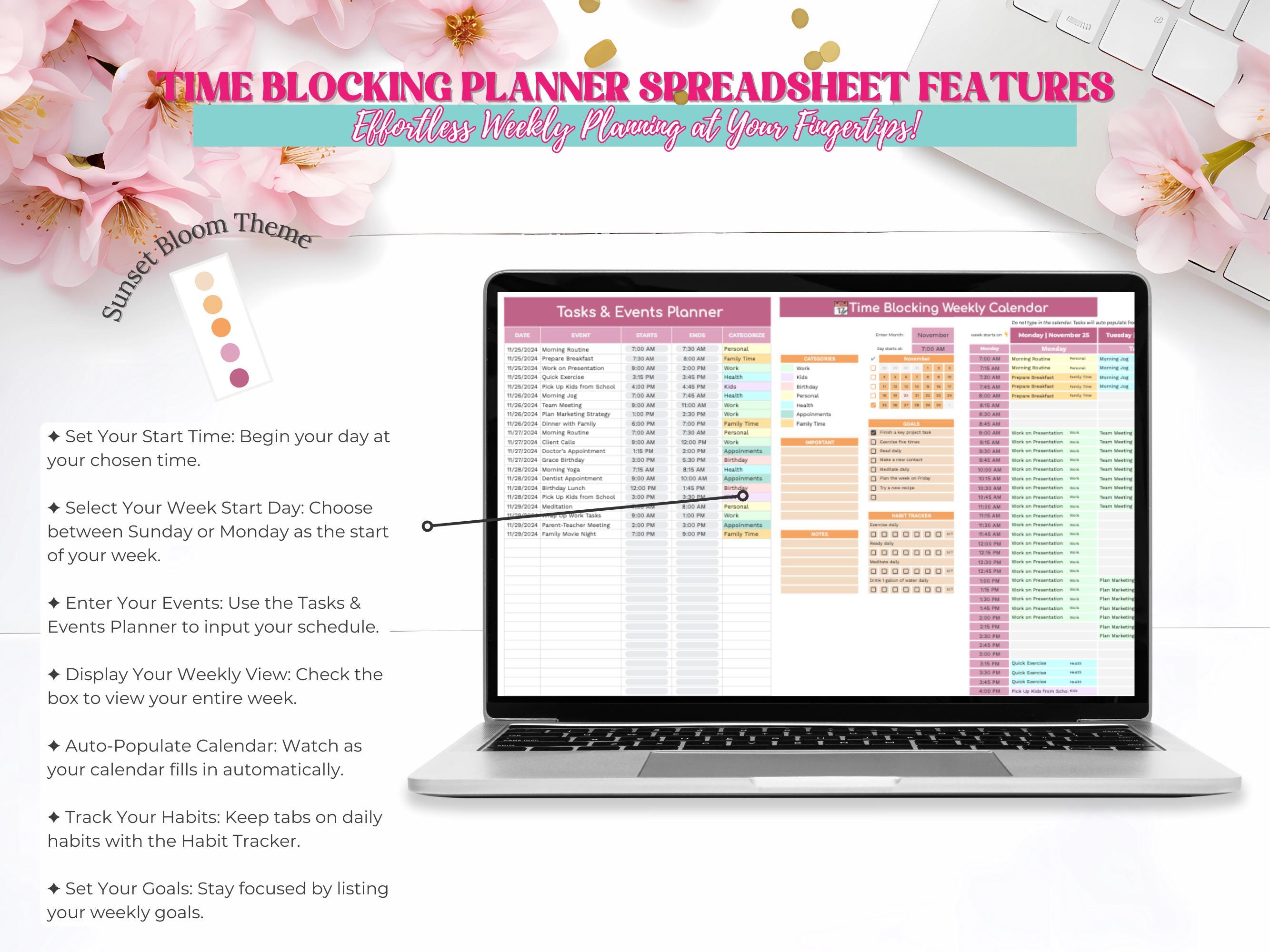 Weekly Time Blocking Planner Spreadsheet | 24 Hour Weekly Schedule ...