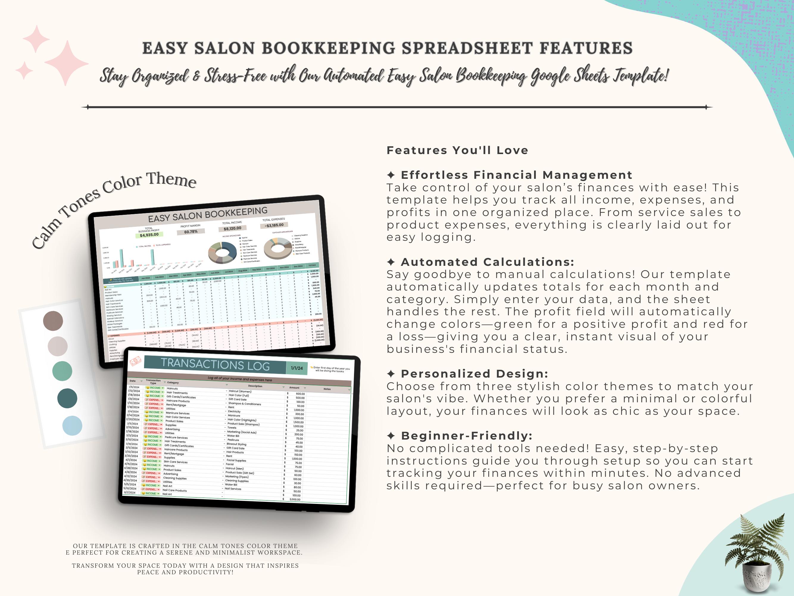 Salon Bookkeeping Spreadsheet: Income & Expense Tracker (google Sheets ...