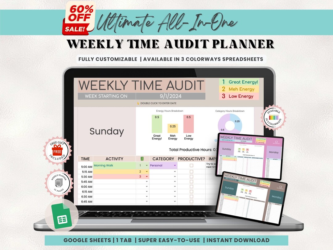 Weekly Time Audit Planner Spreadsheets | Time Block Planner, Printable ...