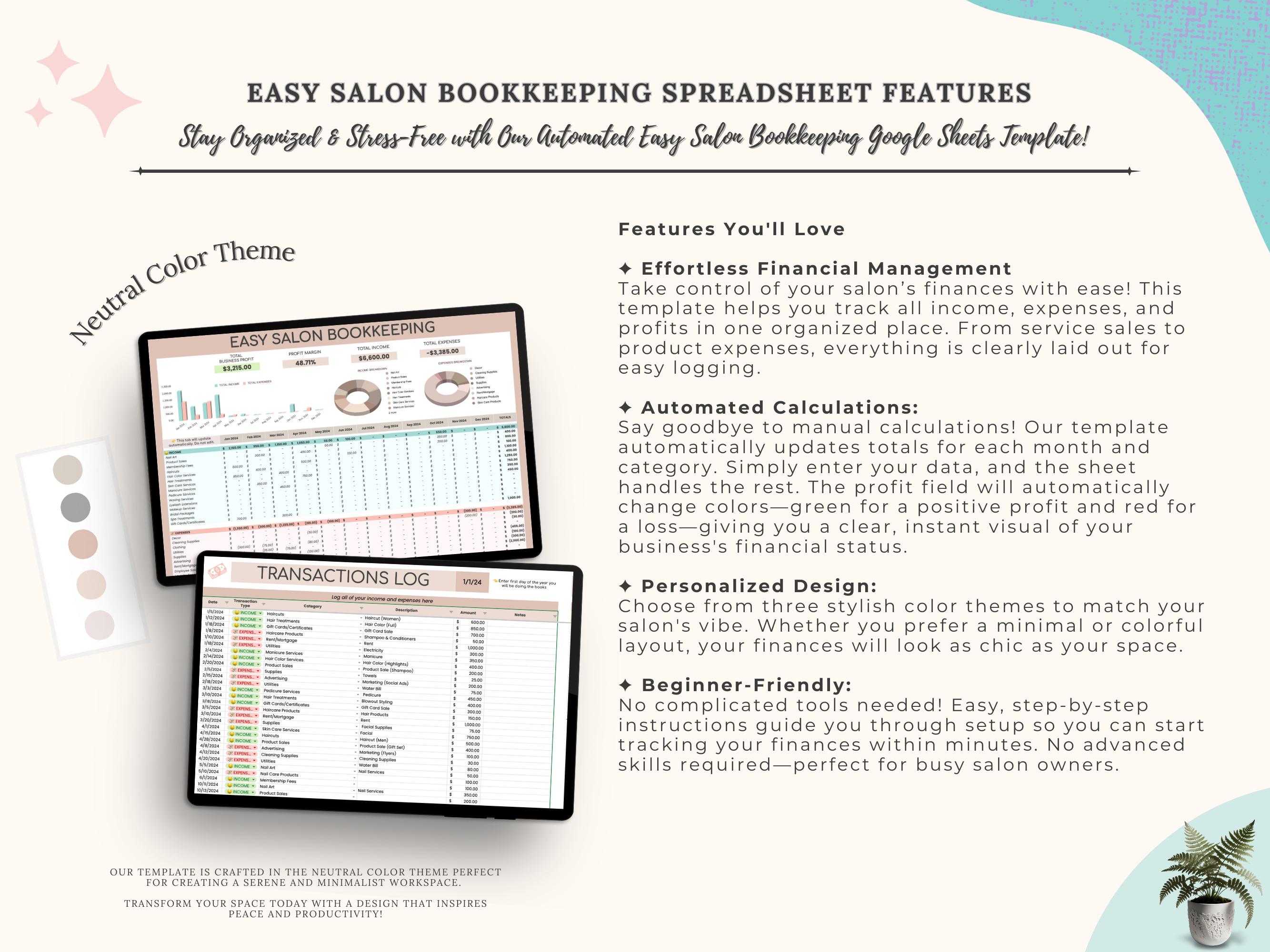Salon Bookkeeping Spreadsheet: Income & Expense Tracker (google Sheets ...