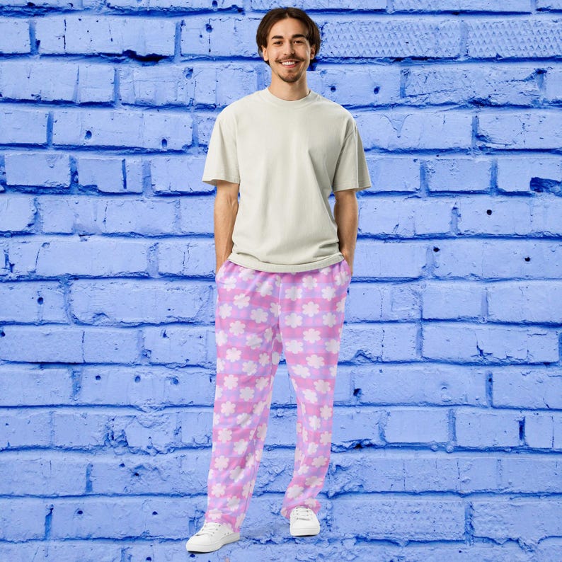 Wide-leg Kawaii Pink and Purple Gingham Flower Sweatpants - Etsy