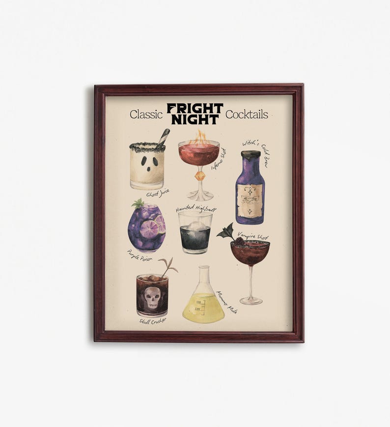 Fright Night Cocktail Chart Poster: Retro Halloween Bar Art (digital ...