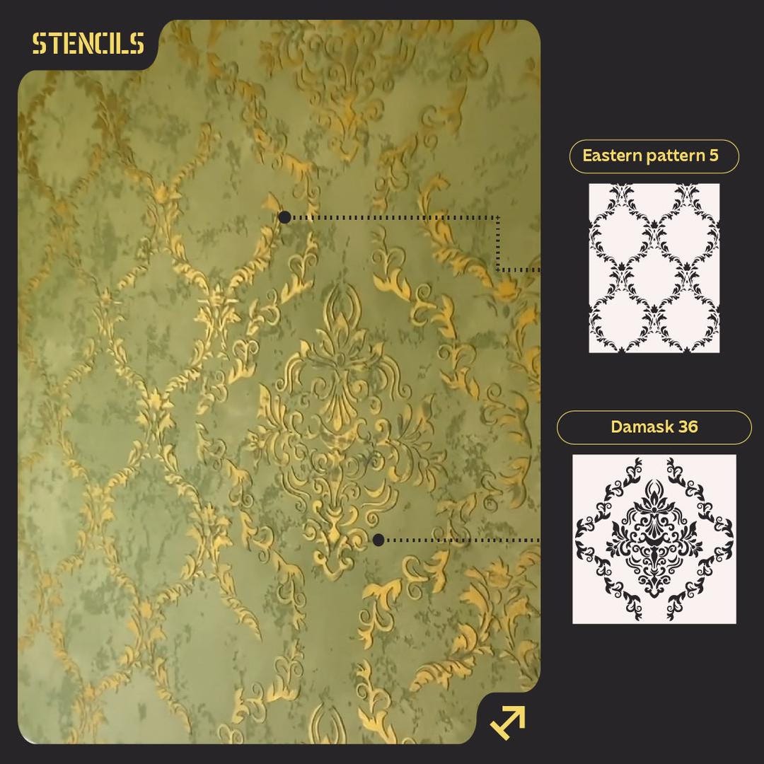 Stencil Set DIY Stencil Kit Damask Wall Pattern Textured Art Furniture ...