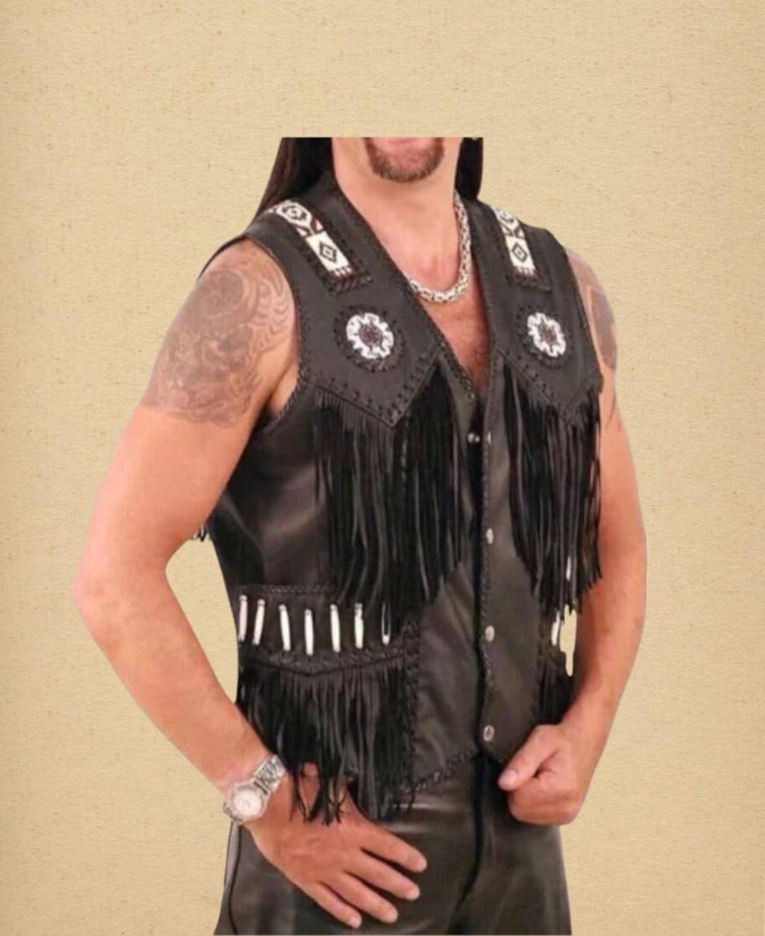 Men's Suede Leather Vest: Native American Fringes, Beads & Bones - Etsy