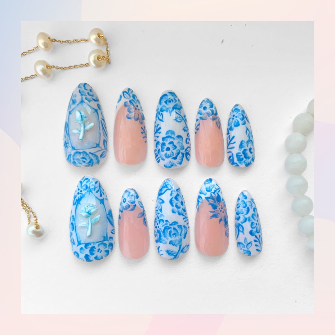 Hand Painted Intricate Blue Flower Porcelain Gel Press on Nails, Almond ...