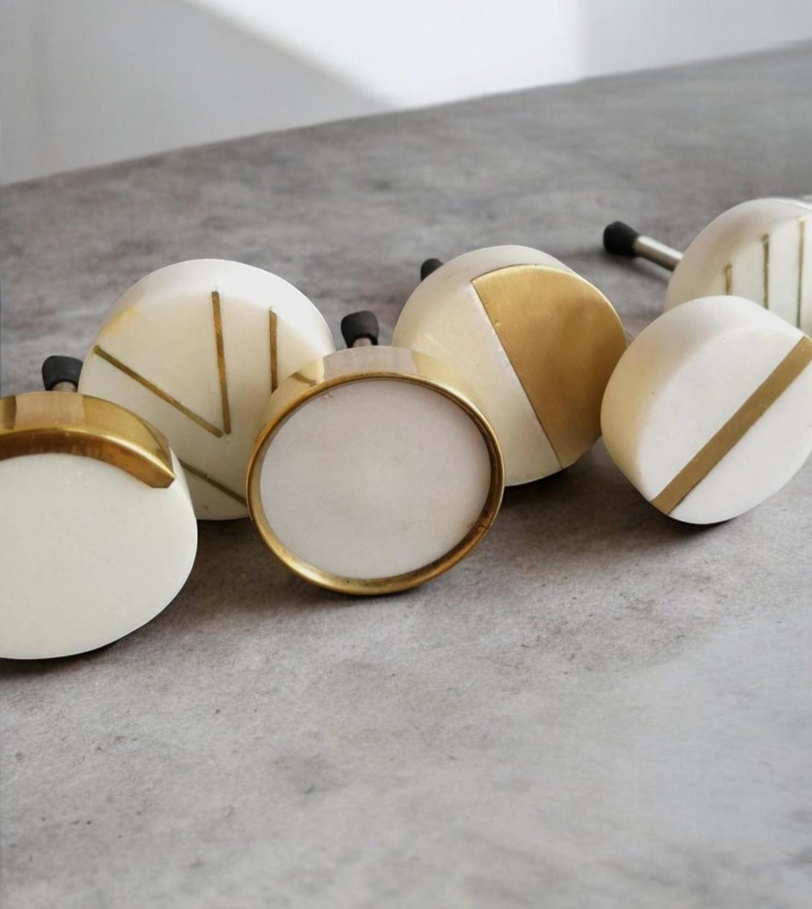 Marbled White Stone Cabinet Knob | Geometric Marble and Brass Drawer ...