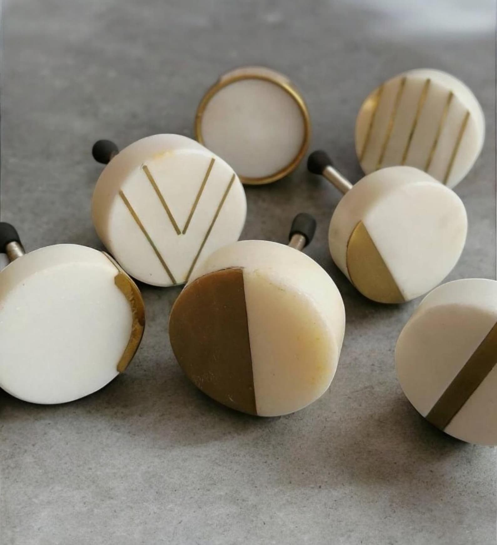 Marbled White Stone Cabinet Knob | Geometric Marble and Brass Drawer Pull - Etsy