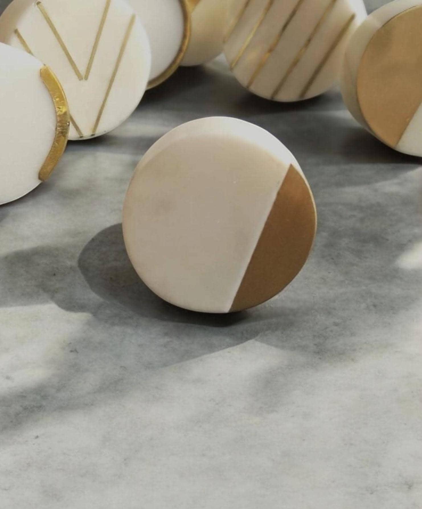 Marbled White Stone Cabinet Knob | Geometric Marble and Brass Drawer ...