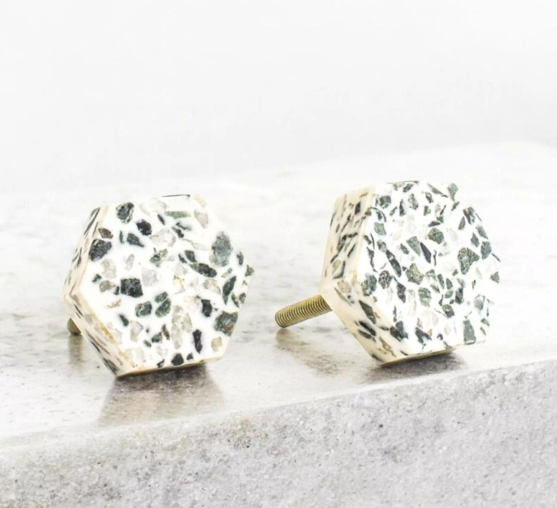 Geometric Terrazzo Stone Cabinet Knob | Colourful Hexagonal Drawer Pull ...