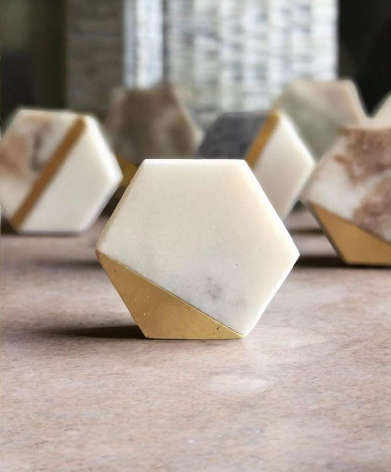 Marbled Stone & Brass Hexagon Cabinet Knob | Handcrafted Geometric ...