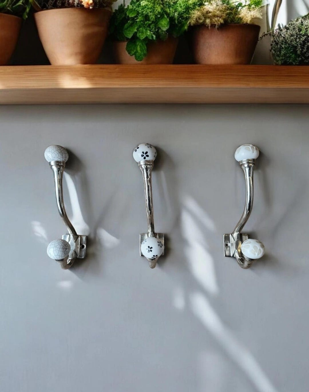Chrome & Ceramic Knob Hooks | Silver Metal With Black, White and Cream ...