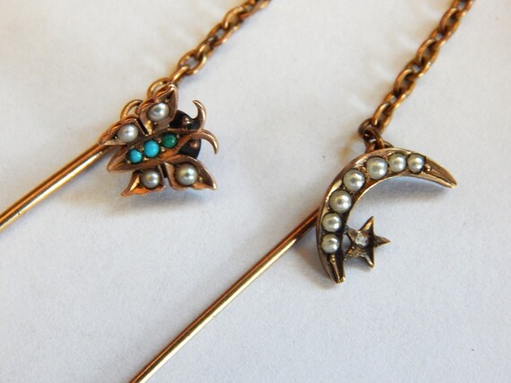 Victorian Double Stickpins/ Butterfly & Half Moon/ Pe… - Gem
