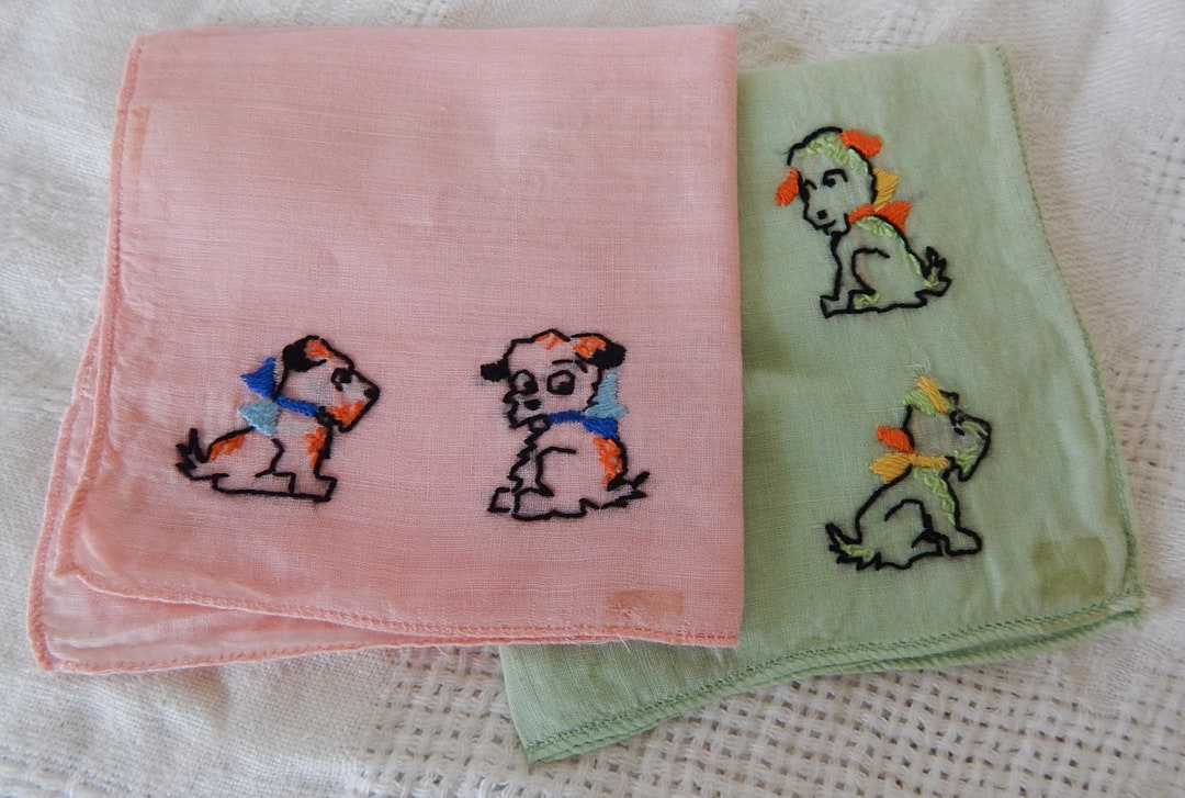 Pink and Green Puppy Hankies/ Vintage Hankies/ Embroidered Hankies - Etsy