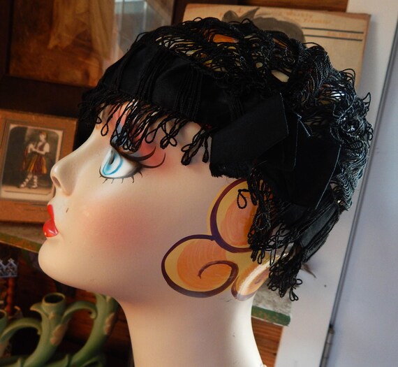 Rare Black Woven Boudoir Bonnet/ Victorian/ Silk Ribb… - Gem