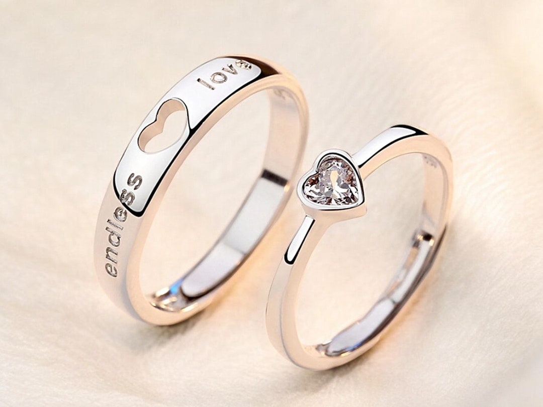 2pcs Zircon Heart Matching Couple Rings Forever Endless Love Wedding ...