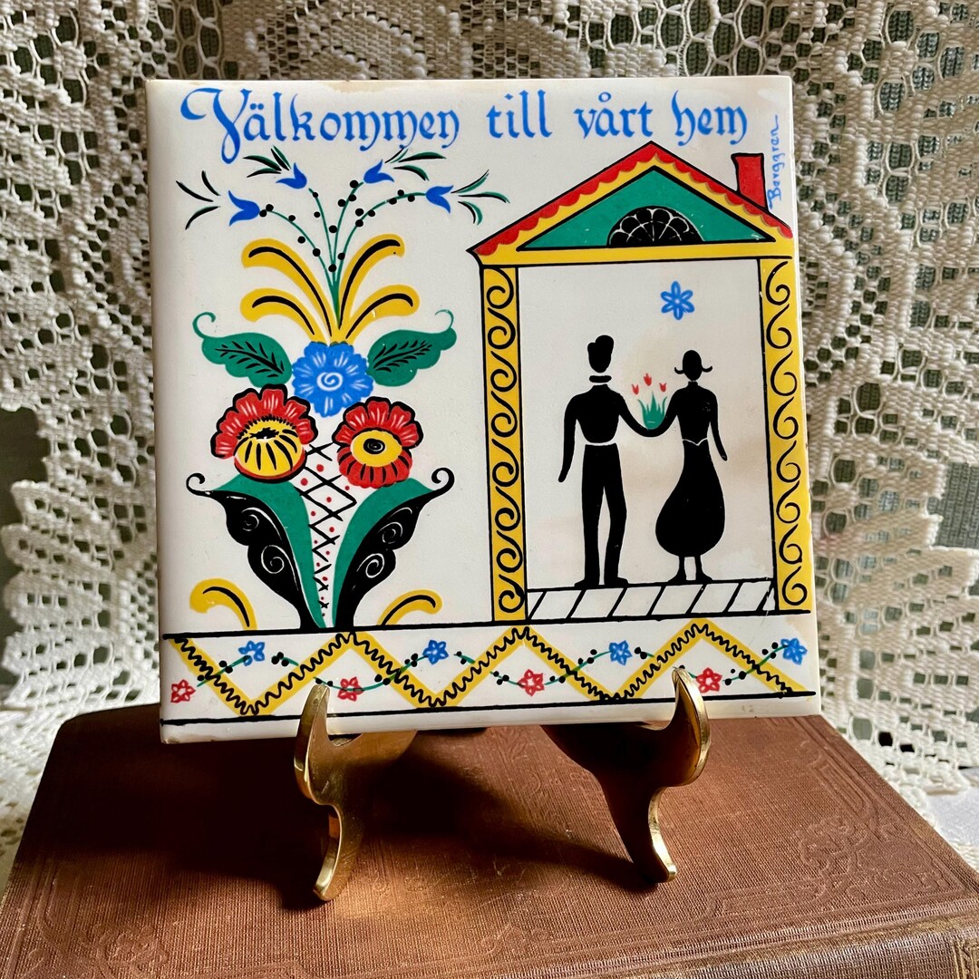 Scandinavian Welcome Sign Tile, Vintage Berggren Dala Folk Art ...