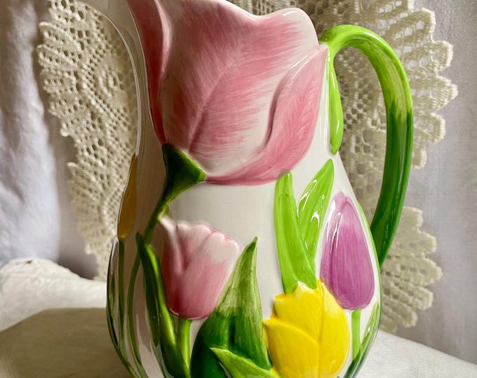 Avon Tulip Ceramic Water Pitcher – 58 Oz Spring Floral Jug, Raised ...