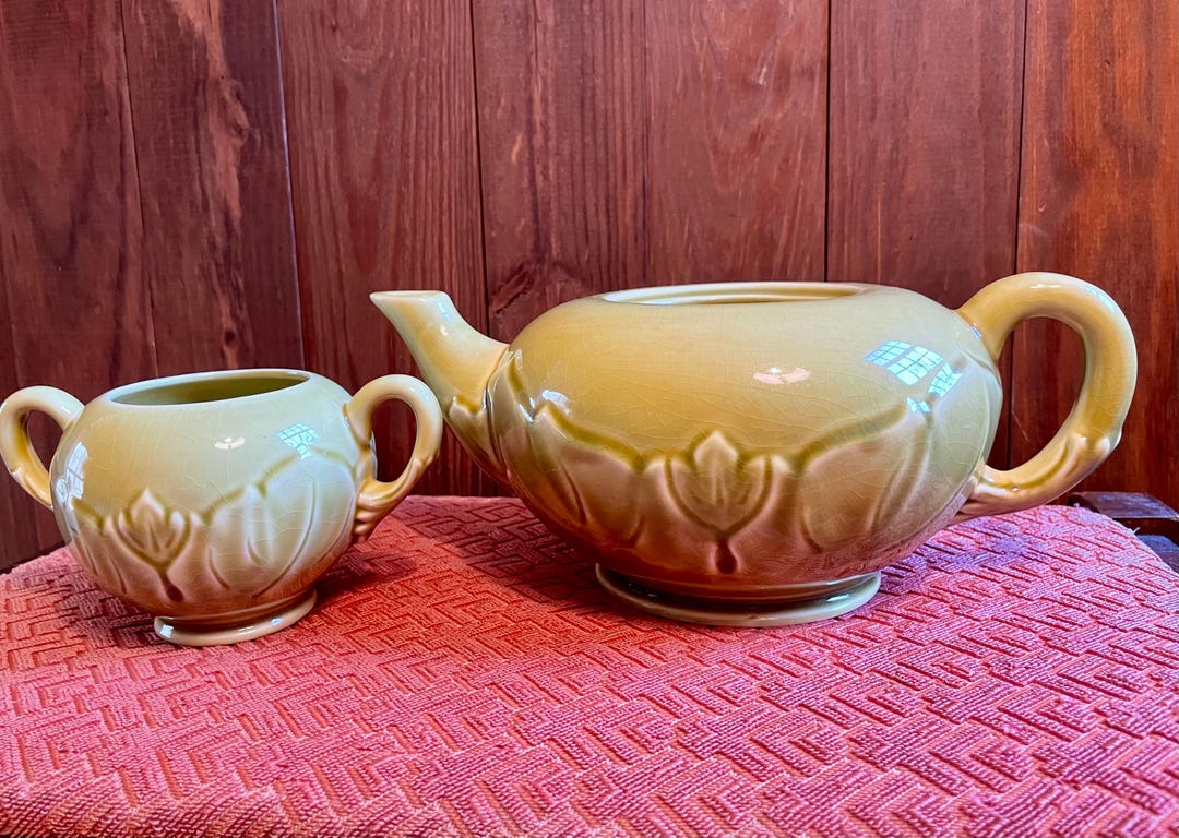Vintage 1940s Teapot and Sugar Bowl Woodfield Steubenville Pottery Ohio ...