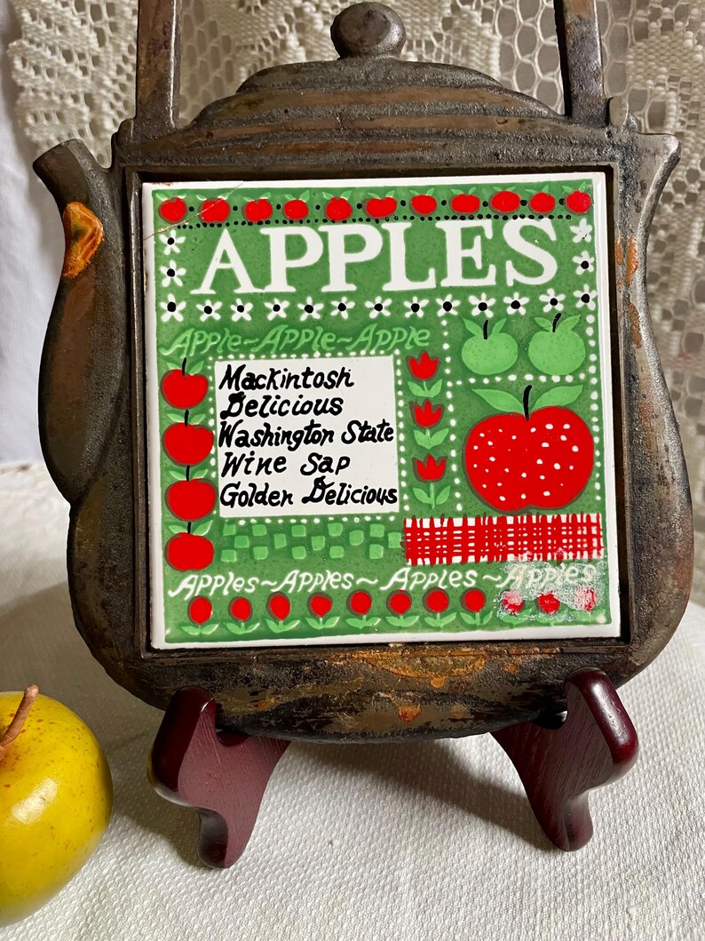Vintage Cast Iron Teapot Hot Plate, Apple Tile Trivet, 1970s Kitchen ...
