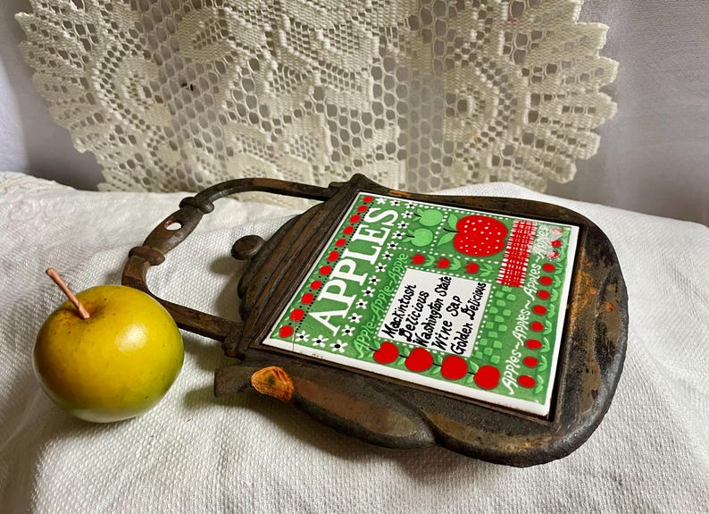 Vintage Cast Iron Teapot Hot Plate, Apple Tile Trivet, 1970s Kitchen ...