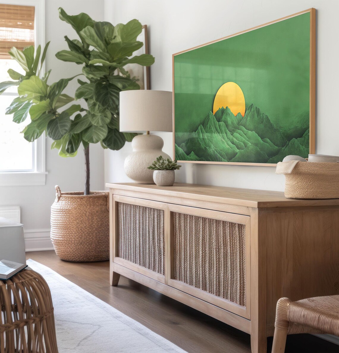 Frame TV Art Green Tonal Palette Screen Display, Sunset and Mountains ...