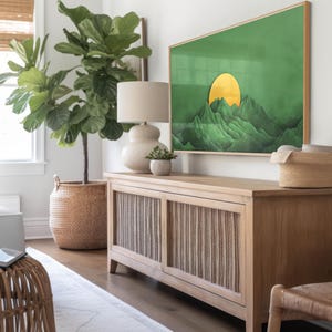 Frame TV Art Green Tonal Palette Screen Display, Sunset and Mountains ...