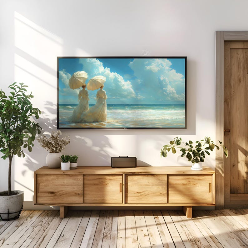 Frame TV Coastal Art for Samsung Television Picture, Women Walking on ...
