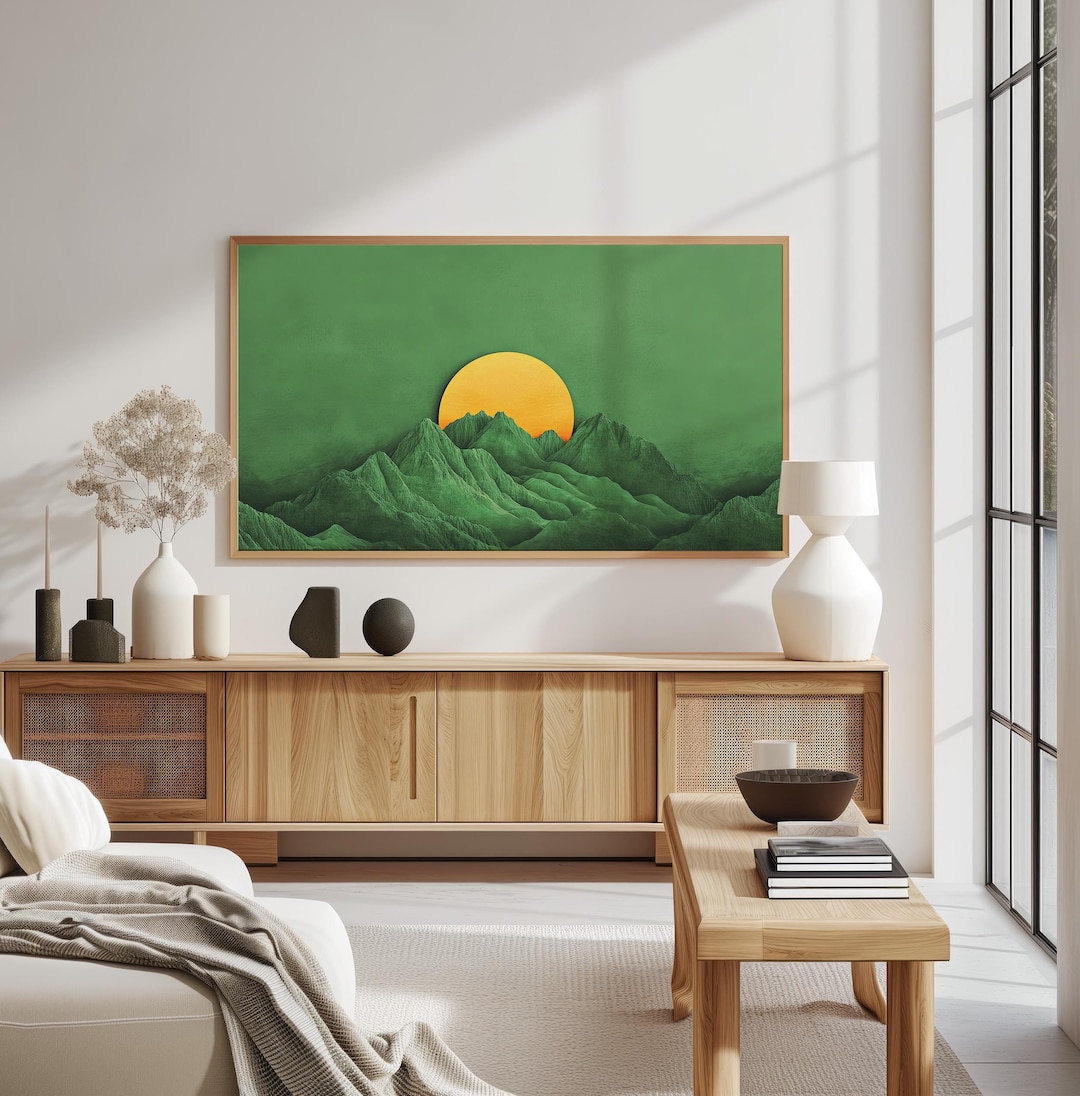 Frame TV Art Green Tonal Palette Screen Display, Sunset and Mountains ...