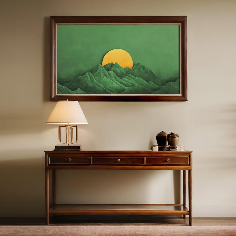 Frame TV Art Green Tonal Palette Screen Display, Sunset and Mountains ...